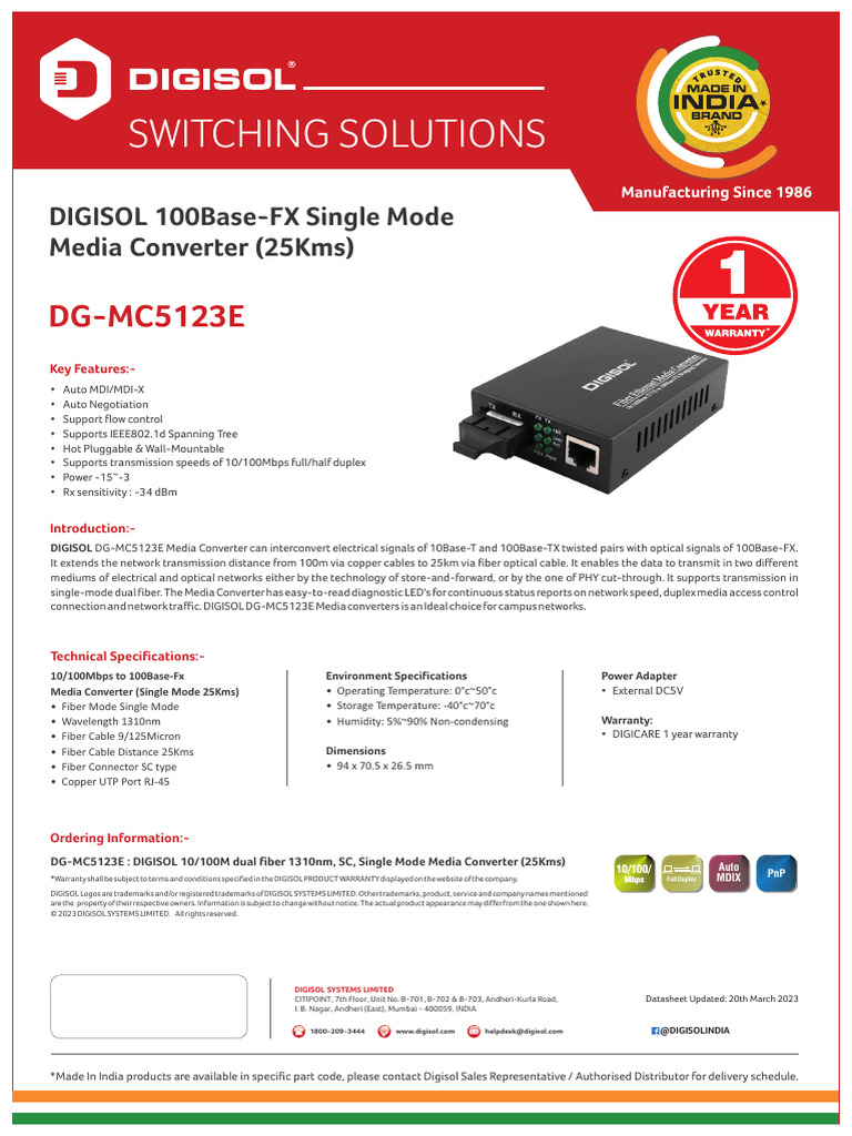 Digisol DG-MC5123E Media Converter Specs | PDF | Optical Fiber ...