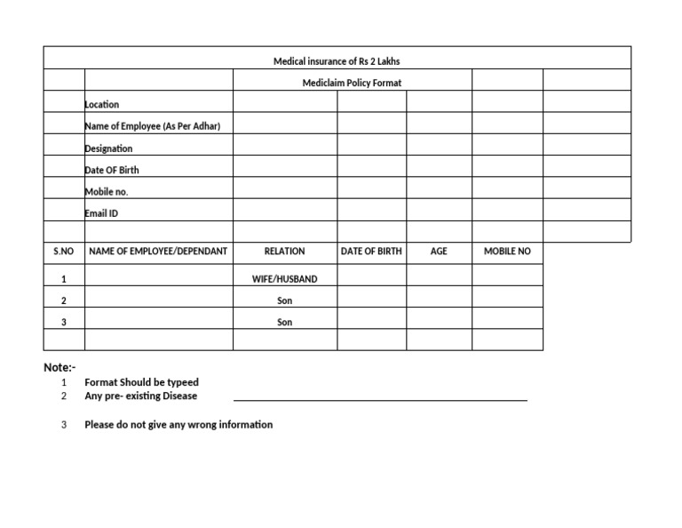 Mediclaim Policy Format for Rs 2 Lakhs | PDF