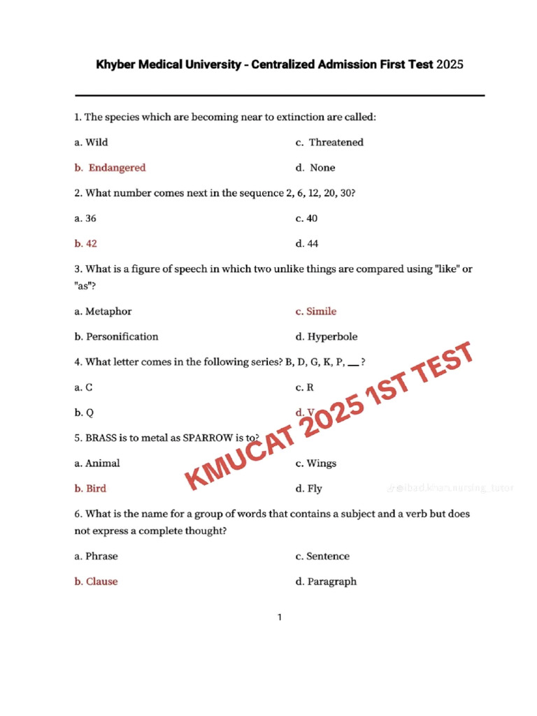 KMU Cat 2025 Ist Test Solve by Rashid Jan | PDF