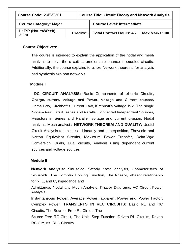 Circuit Theory And Network Analysis Pdf Network Analysis