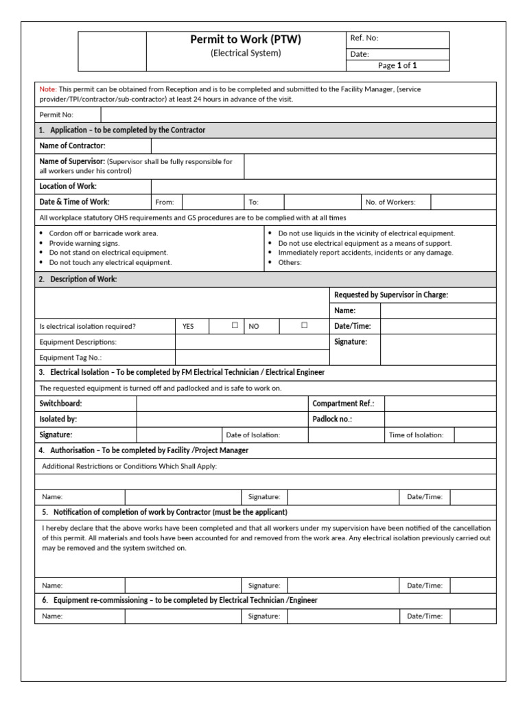 Permit To Work (PTW) - Electrical System | PDF
