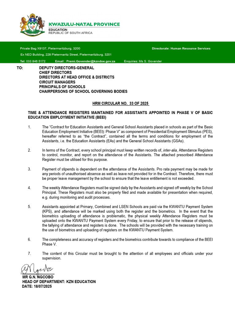 HRM Circular 33 of 2025 On Attendance Register For Beei Assistants KZN ...