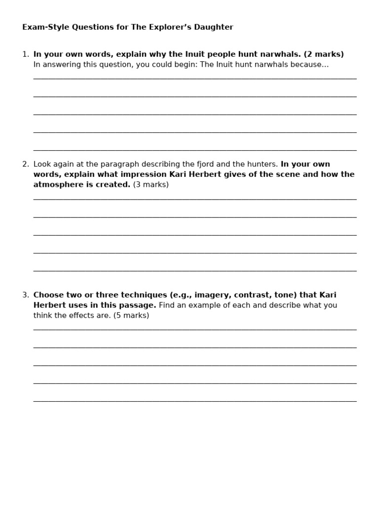 The Explorers Daughter Exam Questions | PDF