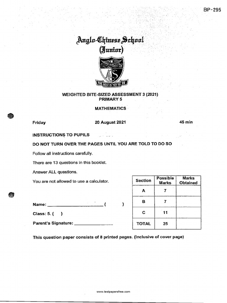 P5 Maths 2021 CA2 ACS Junior | PDF