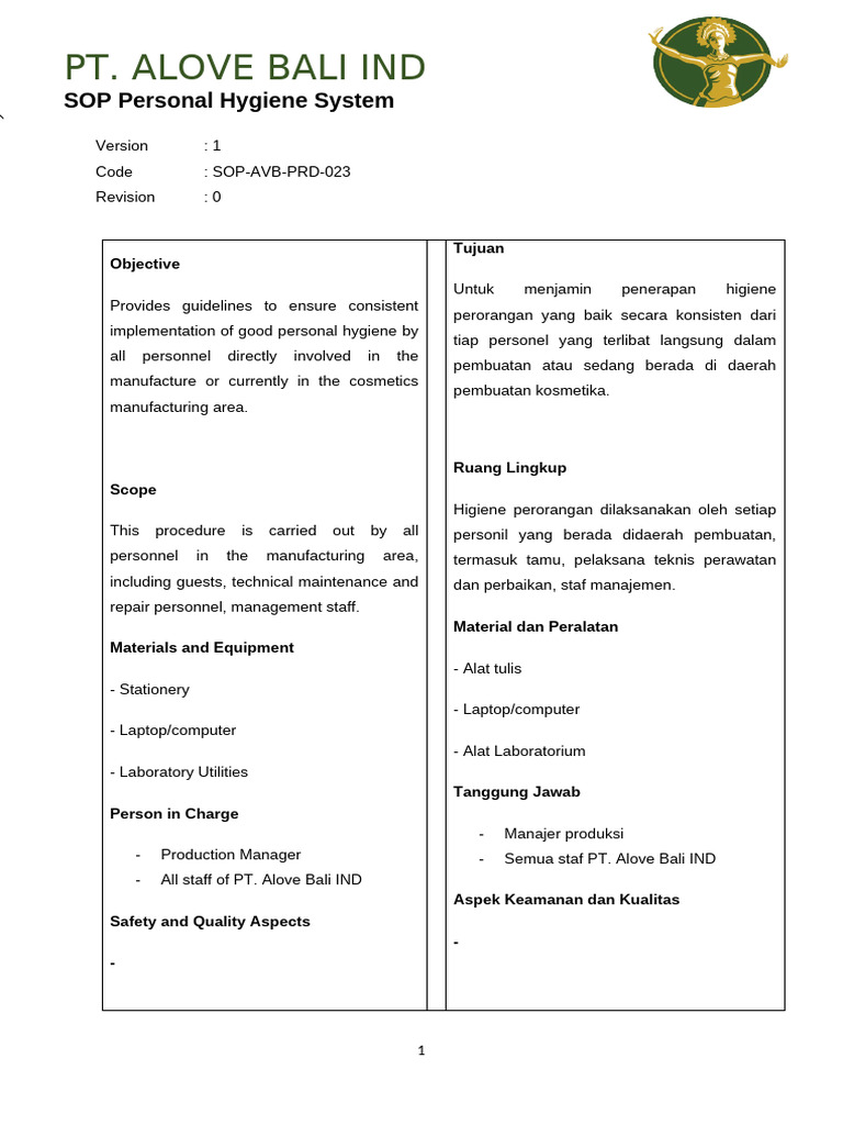 SOP AVB PRD 023 Personal Hygiene | PDF