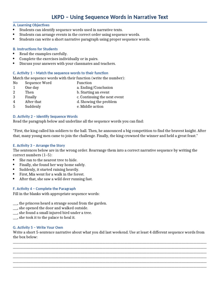 Using Sequence Words in Narratives | PDF