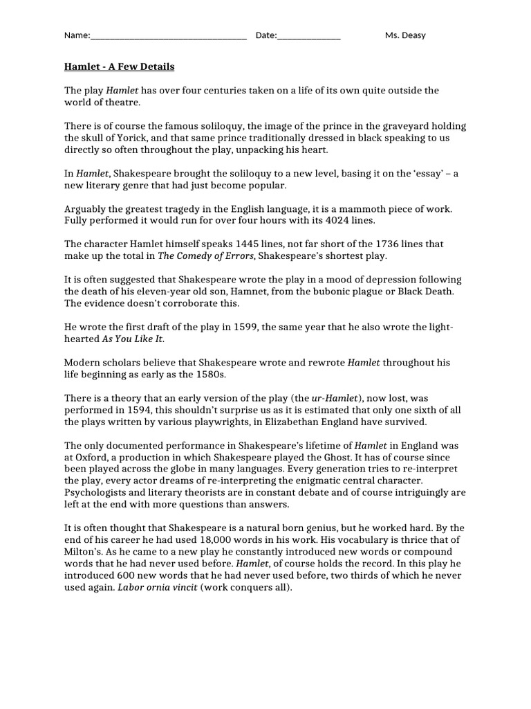 Hamlet - Intro - A Few Details - 2 | PDF | Hamlet | William Shakespeare