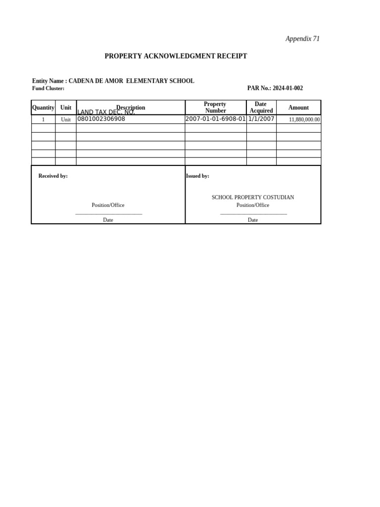 Appendix 71: Property Acknowledgment Receipt | PDF