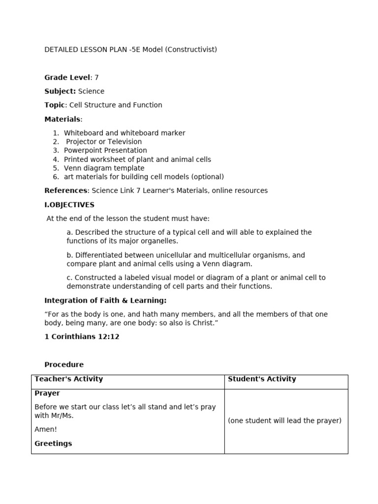 5e Detailed Lesson Plan Supersayans Major | PDF | Cell (Biology) | Cell ...
