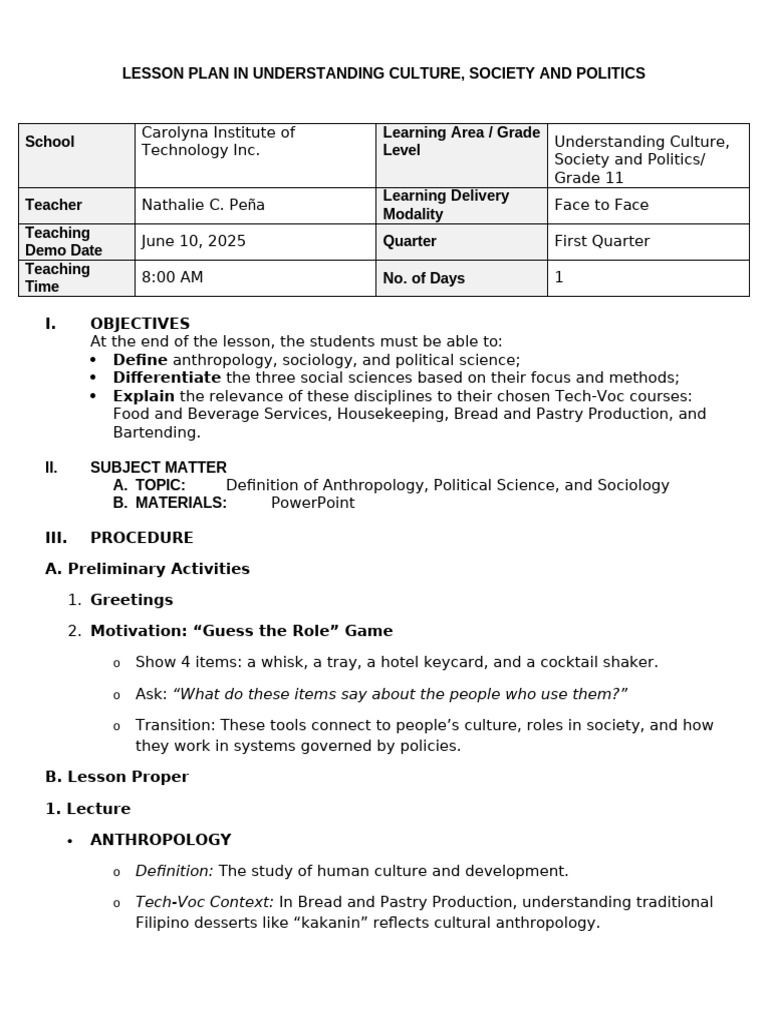 Lesson Plan in Understanding Culture | PDF | Social Sciences | Anthropology