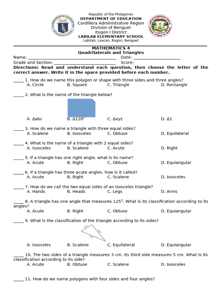 Summative Test Math 4 Quadrilaterals and Triangles | PDF | Rectangle ...