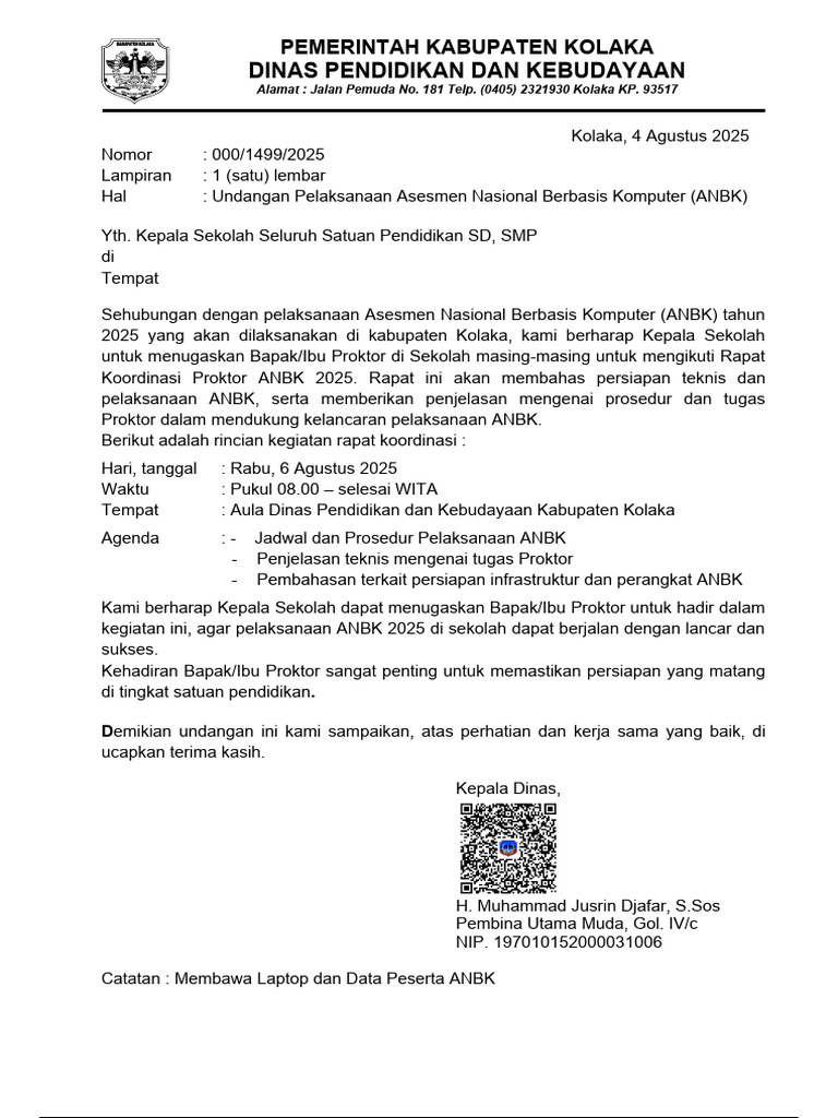 Undangan Rapat Proktor ANBK 2025 Kolaka | PDF