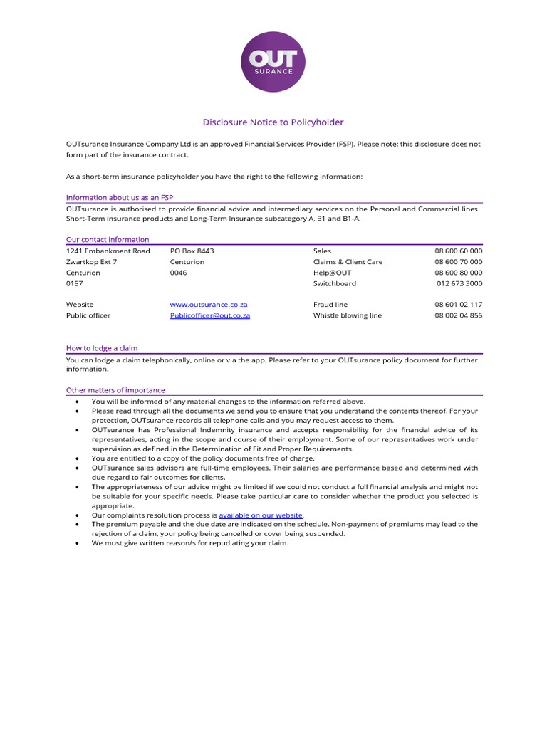 OUTsurance Policyholder Disclosure Notice | PDF | Insurance | Business Law