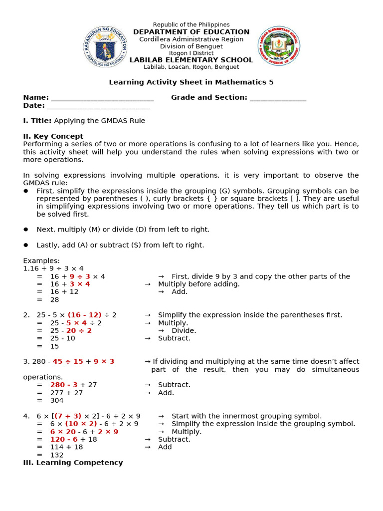 GMDAS Rule Activity Sheet for Grade 5 | PDF | Multiplication | Bracket