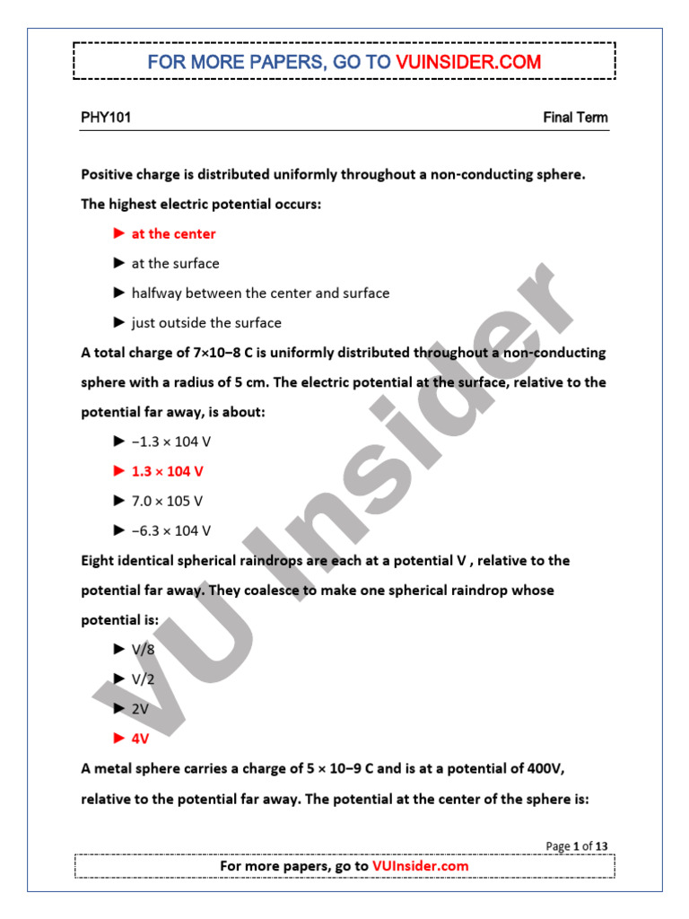 PHY101 Final Term Past Paper 3 | PDF | Capacitance | Capacitor