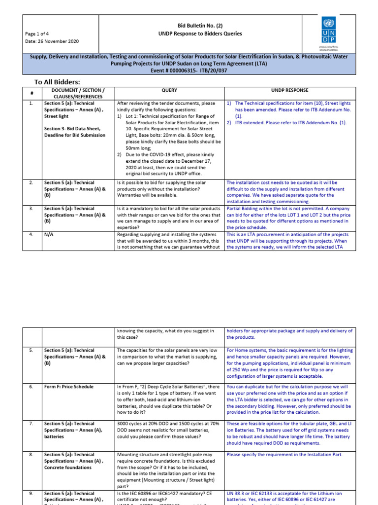 Bid Bulletin No. 2 UNDP Response To Bidders Querries - Solar | PDF ...