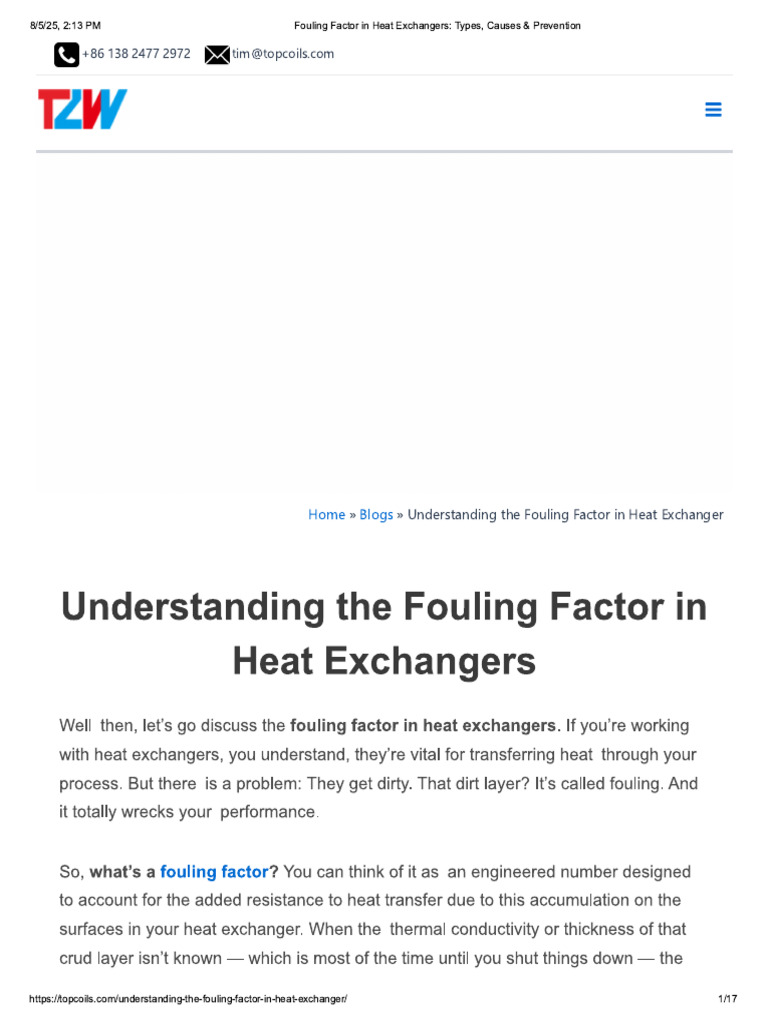 Fouling Factor in Heat Exchangers - Types, Causes & Prevention | PDF