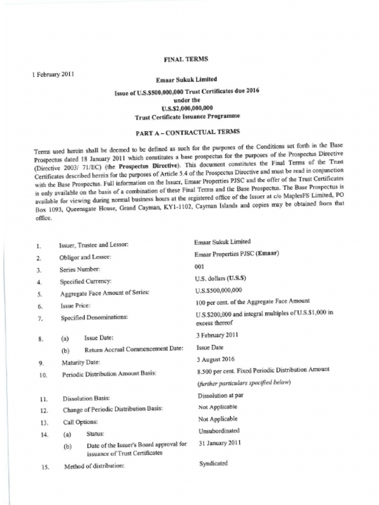1397306173-Emaar Sukuk 2016 Final Terms | PDF