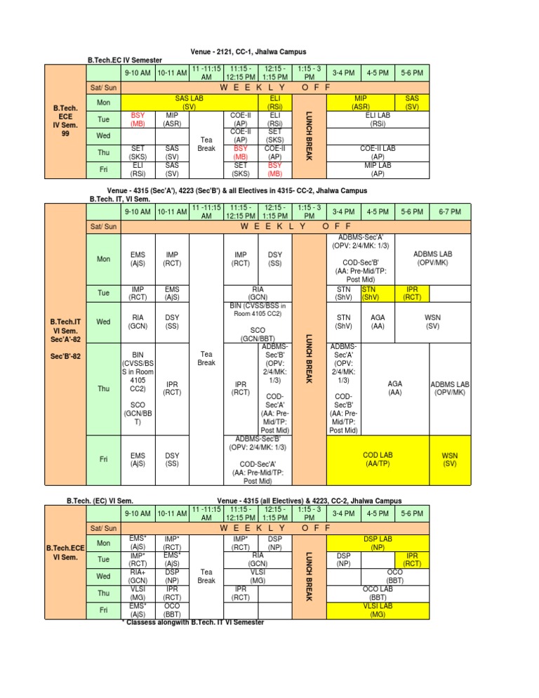 Revised Time Table of EC IV & ECE Sem ForVIJan-Jun - 2012 | PDF ...