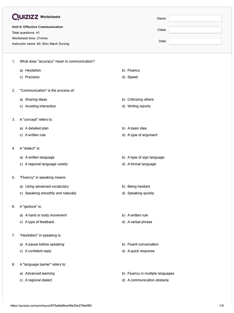 Unit 6: Effective Communication Quiz | PDF | Fluency | Communication