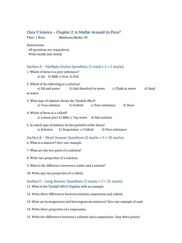 Class9 Science Chapter2 QuestionPaper | PDF