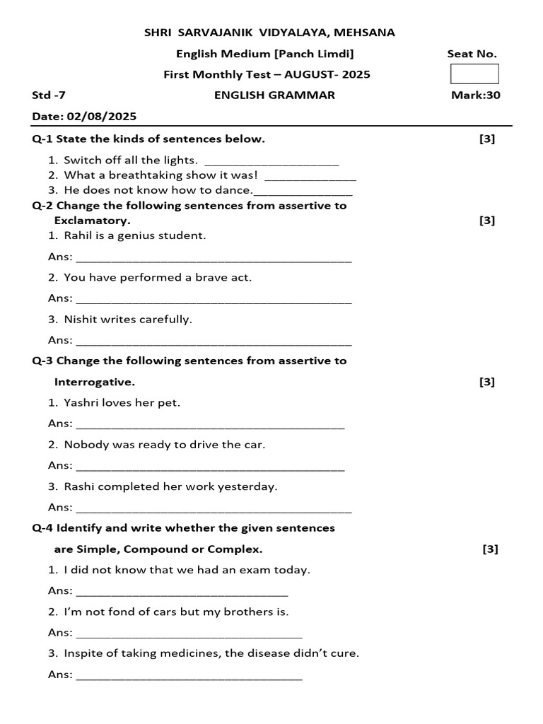 7th English Grammar FM-25 | PDF | English Grammar | Sentence (Linguistics)