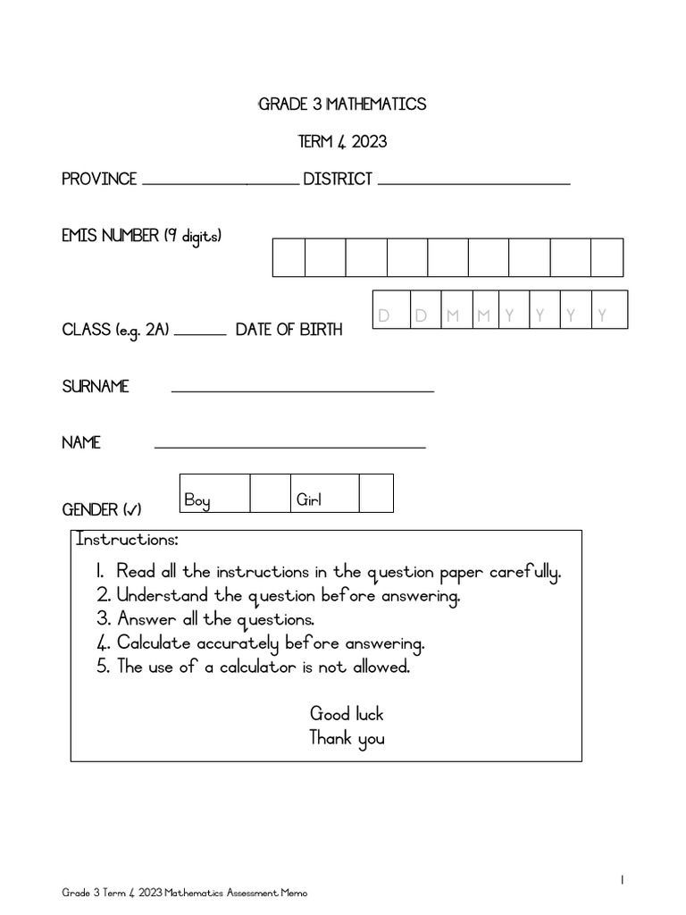 GRADE 3 Term 4 2023 Mathematics Assessment | PDF