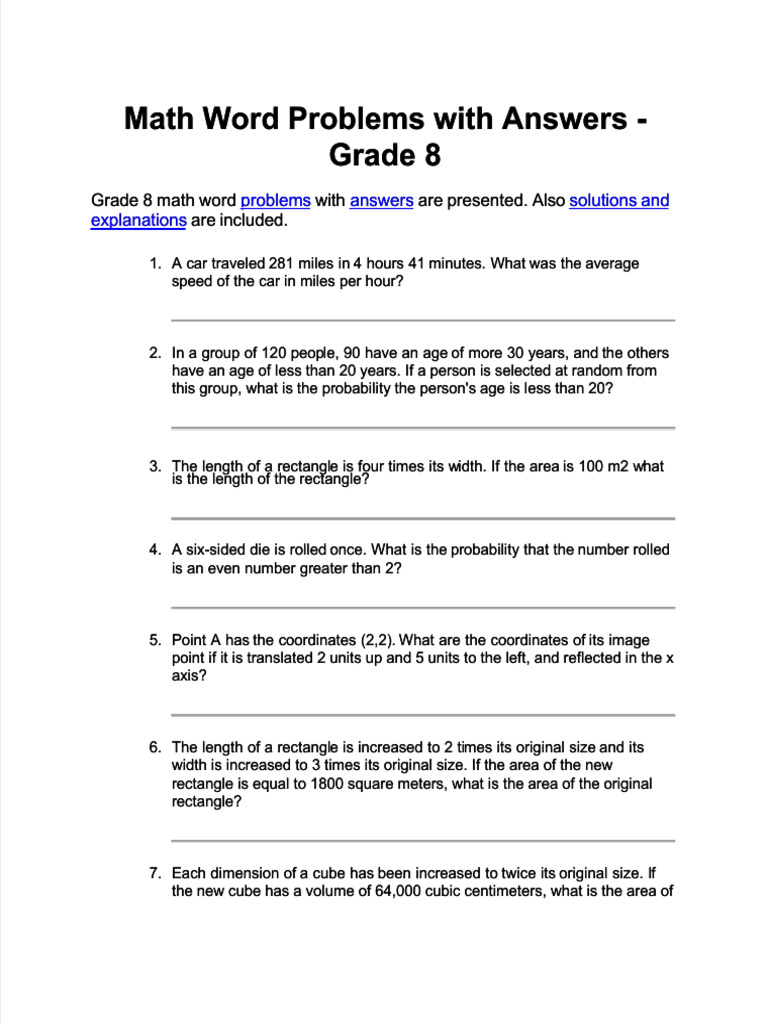 Grade 8 Math Word Problems Solutions | PDF | Area | Euclidean Plane ...
