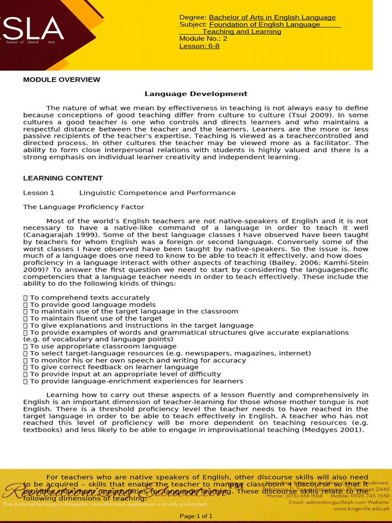 Module 2 Foundations of Eng Lang_bael | PDF | Teachers | Multilingualism
