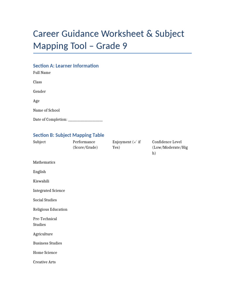 Grade9 Career Guidance Worksheet | PDF | Science | Learning