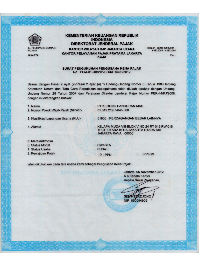 012 SRT Pengukuhan Pengusaha Kena PJK KPM (SPPKP) | PDF