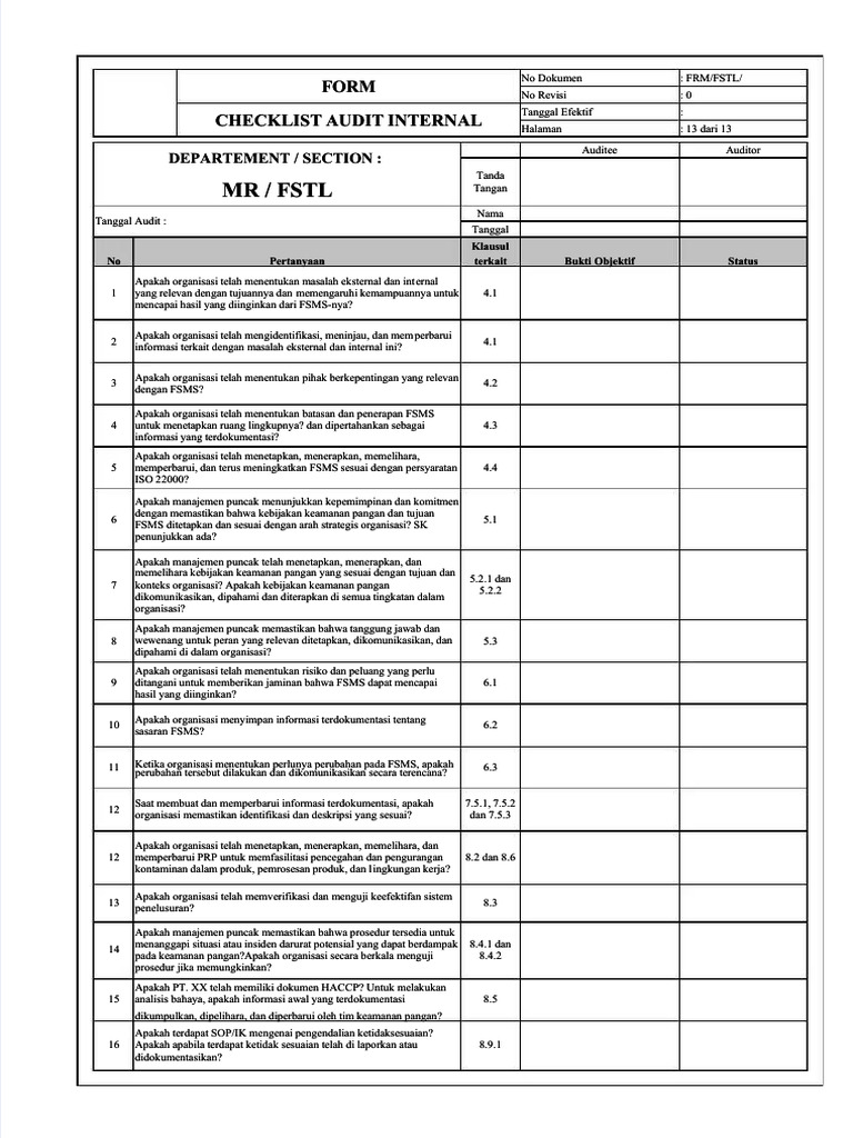 Checklist Audit Internal FSMS ISO 22000 | PDF
