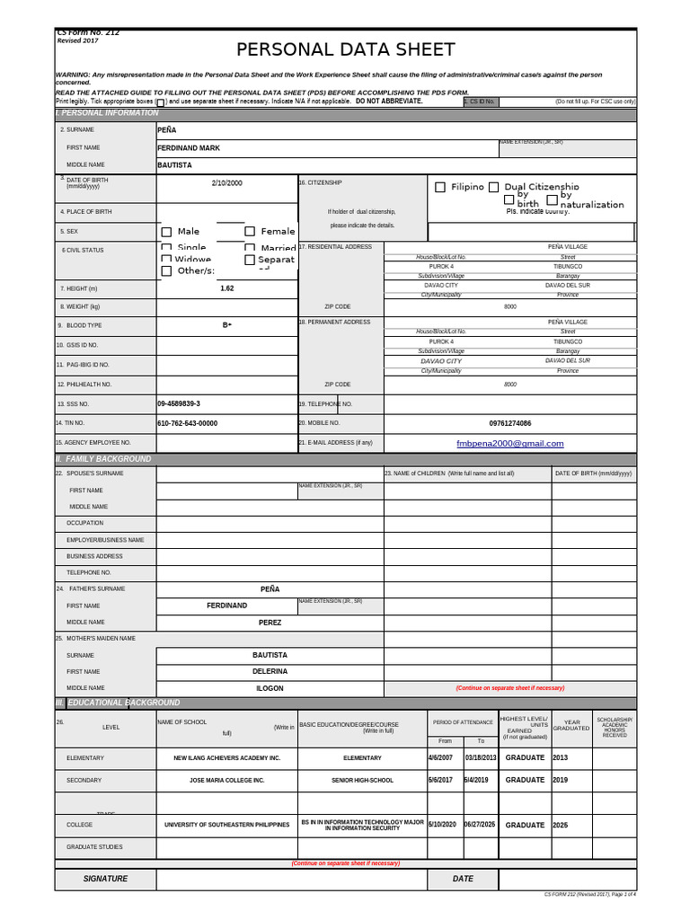Personal Data Sheet Sample Template | PDF