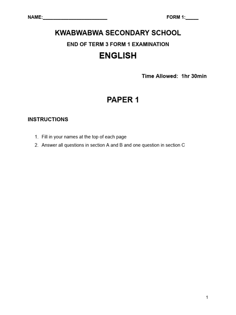 Form 1 English Exam Paper 1 | PDF | Adverb | Adjective