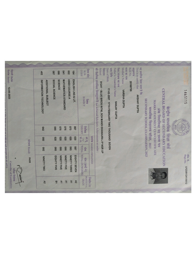 Marksheet Class 10 | PDF