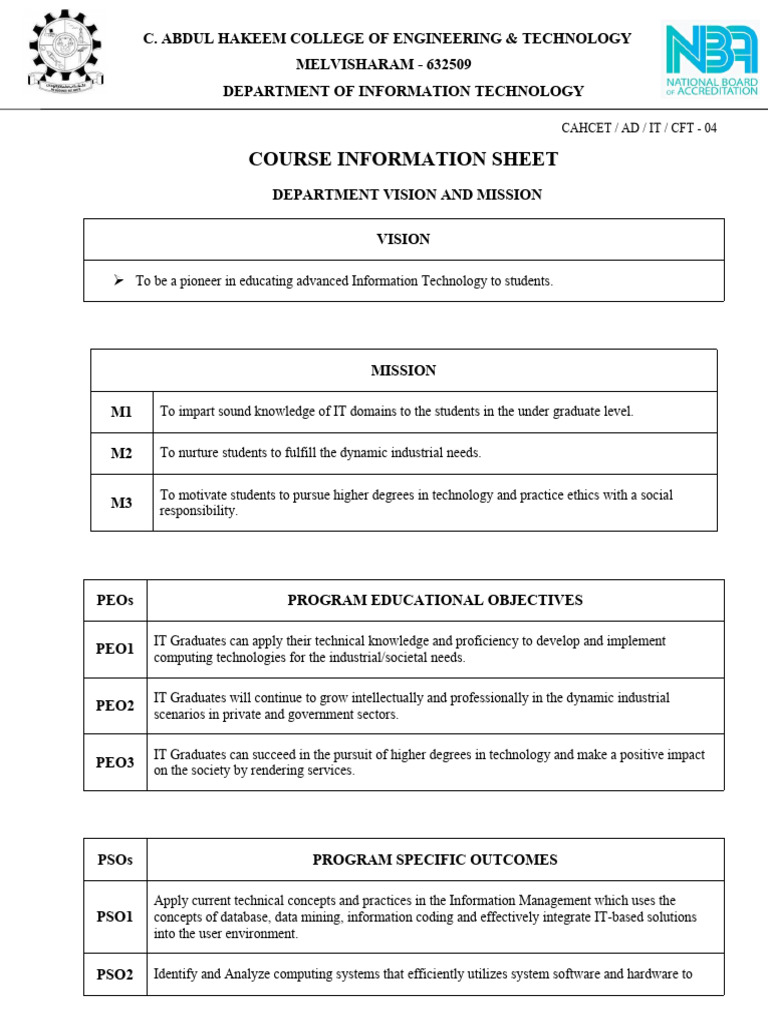 4 Course Information Sheet Lab-20250725125129 | PDF | Engineering | Knowledge