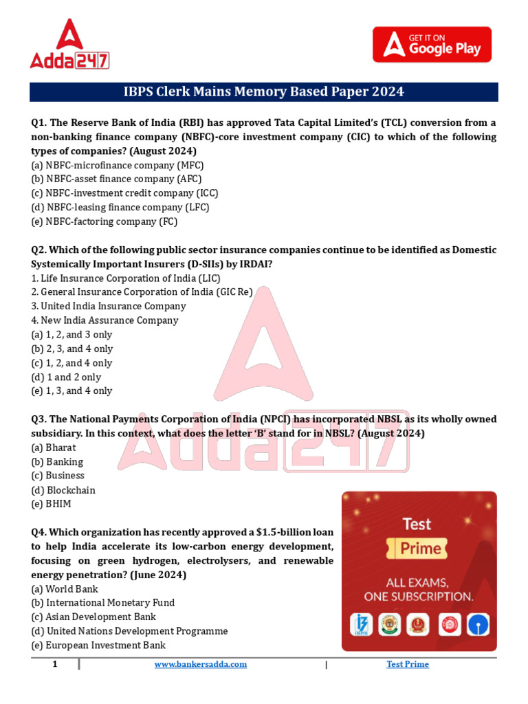 IBPS Clerk Mains Memory Based Paper 2024 | PDF | Economy Of India ...