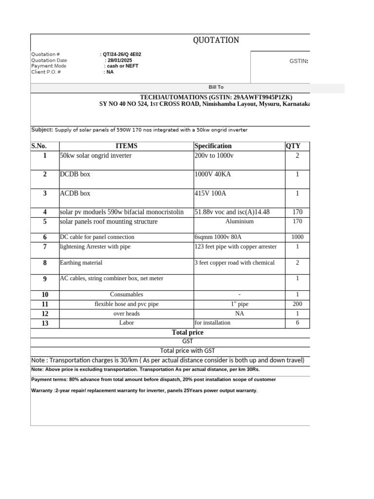 50kW Solar Inverter & Panel Quotation | PDF | Photovoltaics ...