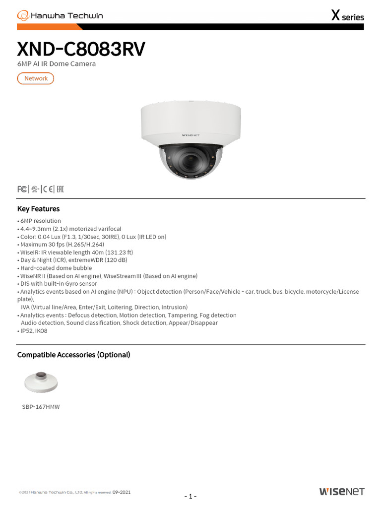 Hanwha XND C8083RV Datasheet | PDF | Camera Lens | Communications Protocols