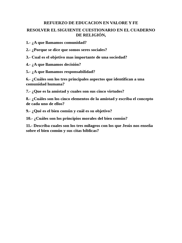 Cuestionario de Refuerzo de Educacion en Valore y Fe | PDF