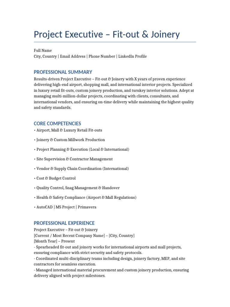 Project Executive Fitout Joinery CV | PDF | Business