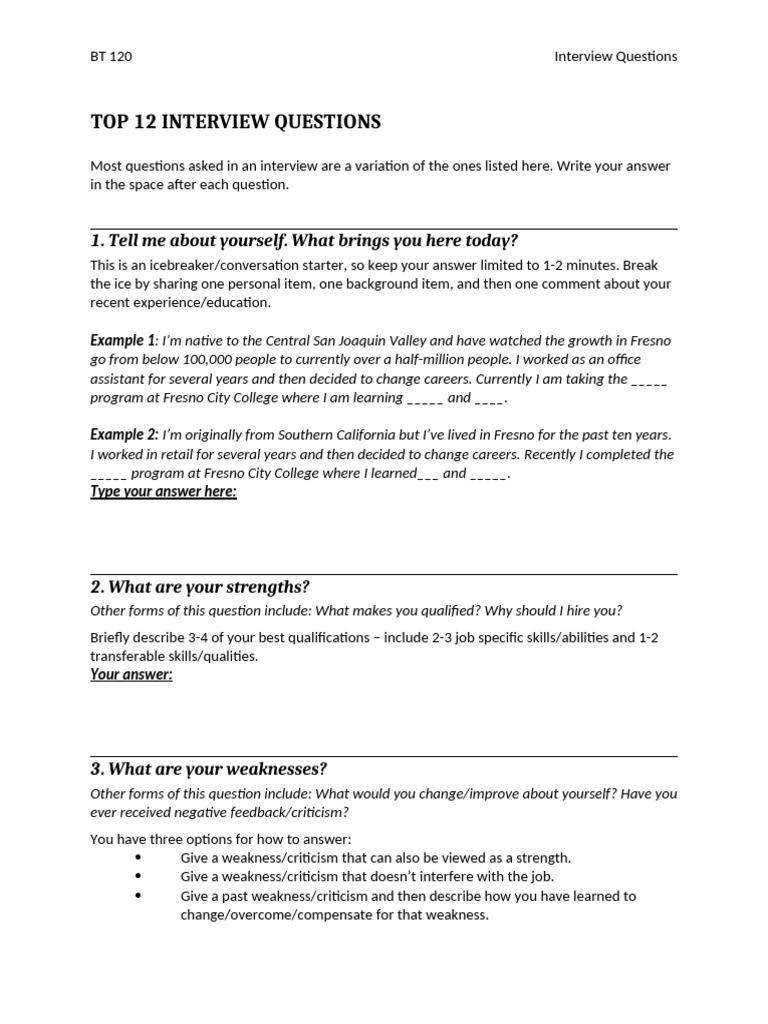 Interview Q & A Worksheet | PDF