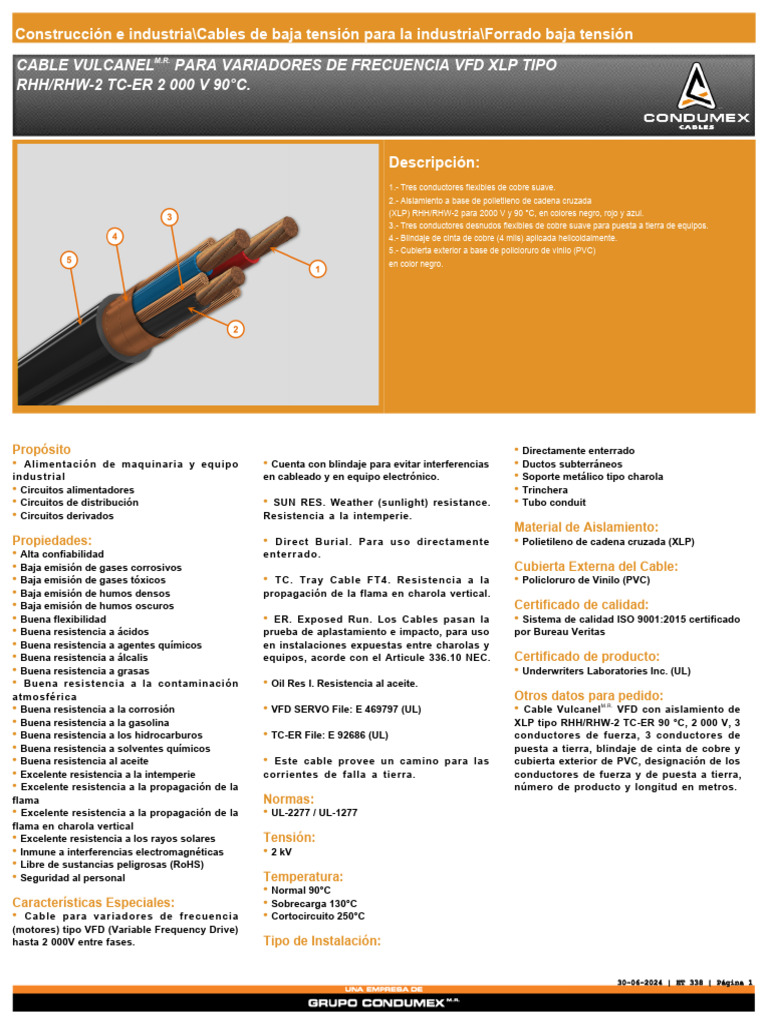 Cable Vulcanel para VFD 2000V 90°C | PDF | Aislador (Electricidad) | Cobre
