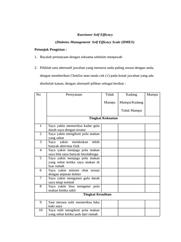 Kuesioner Self Efficacy dan Kualitas Hidup Diabetes | PDF