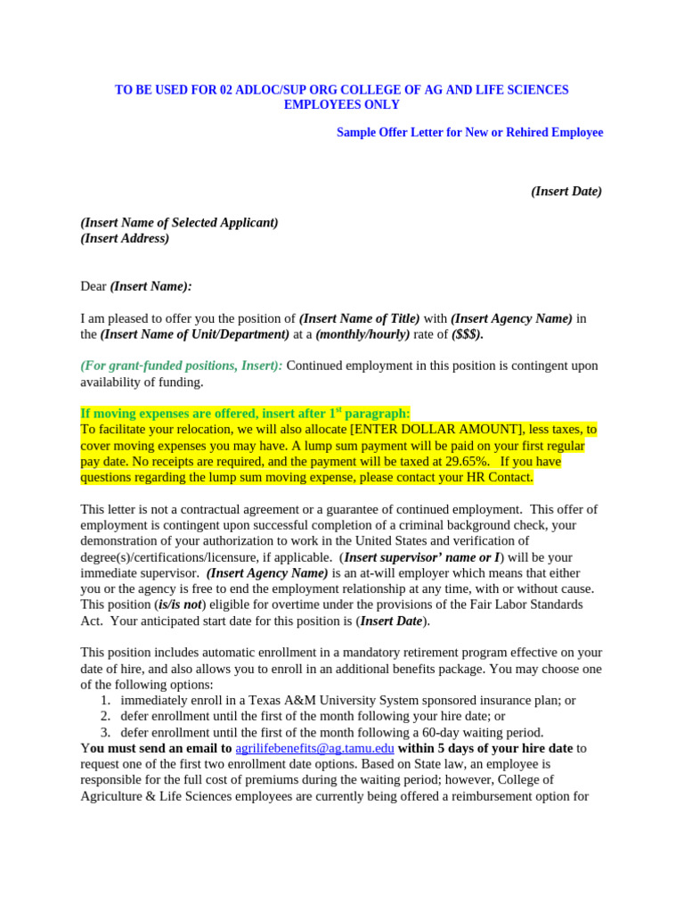 Sample Offer Letter for New Employees | PDF | Employment | Overtime