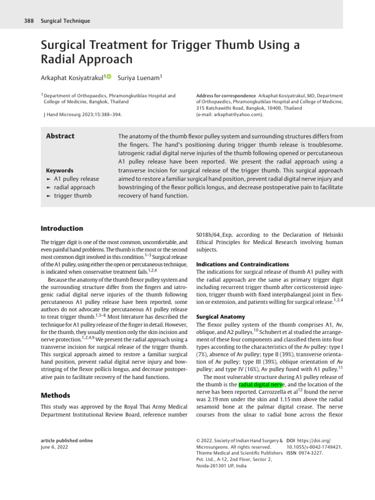 Surgical Treatment for Trigger Thumb Using a Radial Approach | PDF ...