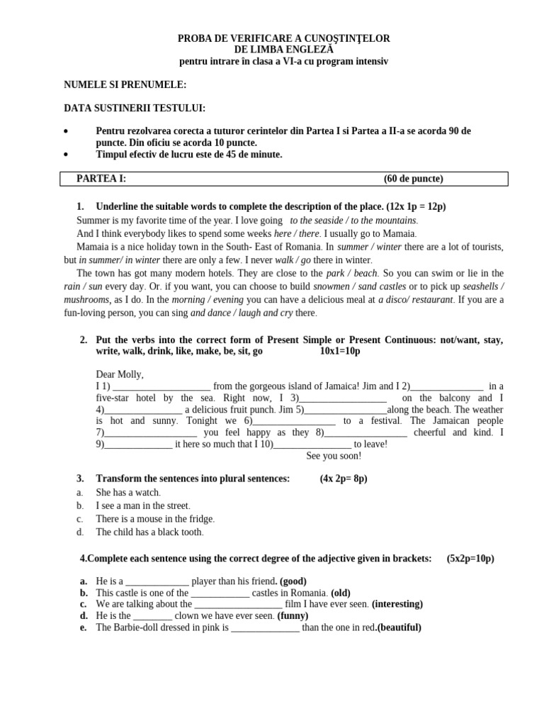 Test Engleză Clasa a VI-a Intensiv | PDF | Linguistics