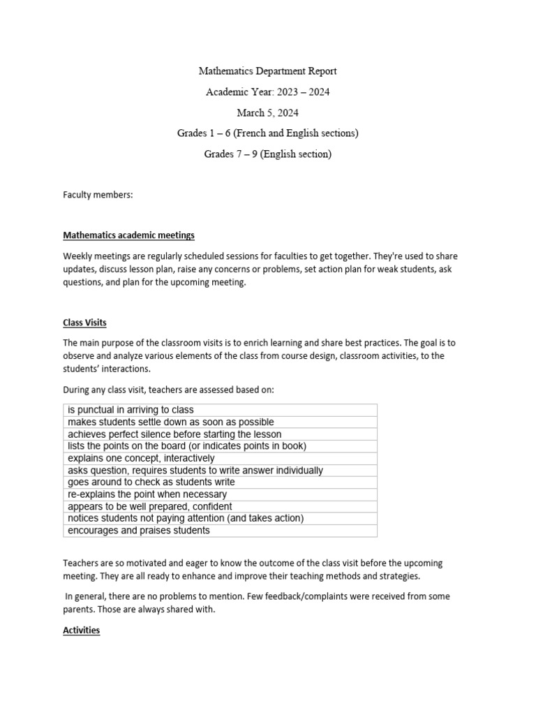 End of Year Assessment Report For Mathematics Department | PDF