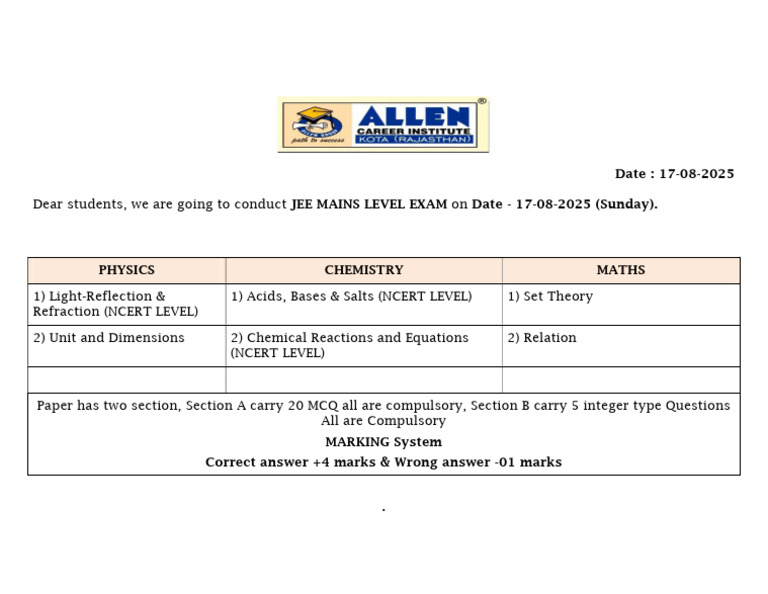 Cbse Jee Mains Exam KB 17.08.2025 | PDF