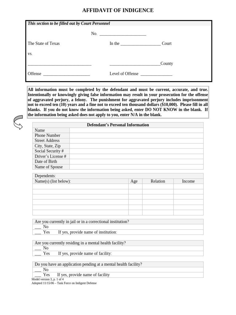Texas Affidavit of Indigence Form | PDF | Perjury | Expense
